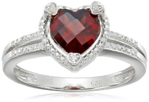 silver heart shape garnet with 0.03 cttw diamonds ring, size 7