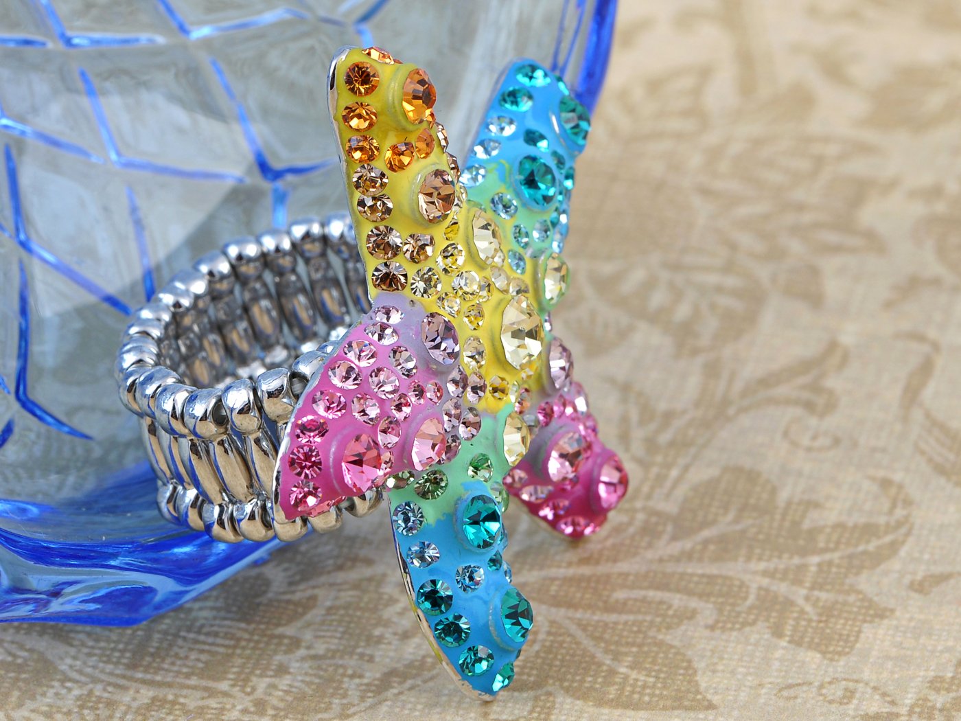 Alilang Neon Bright and Colorful Rainbow Dancing Starfish Rhinestone Stretch Adj Fashion Ring