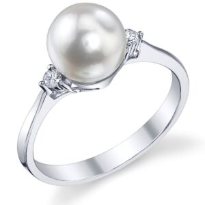 The Pearl Source White Akoya Cultured Pearl Ring for Women with Diamonds and 14K Gold