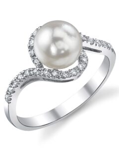 the pearl source 14k gold 7.5-8mm round genuine white akoya cultured pearl & diamond cheryl ring for women