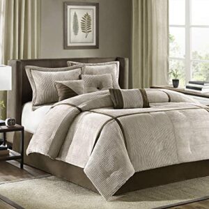 madison park cozy comforter set casual blocks design all season, matching bed skirt, decorative pillows, king (104 in x 92 in), dallas taupe/brown, 7 piece