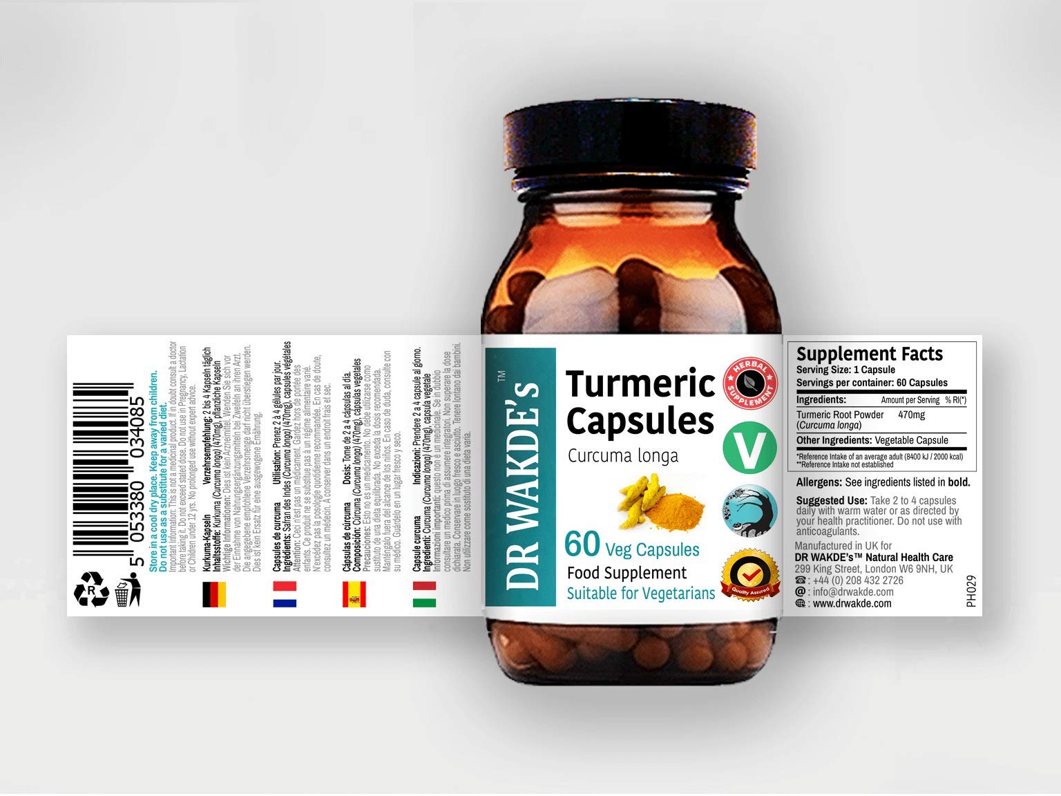 DR WAKDE'S Turmeric Capsules (Curcuma Longa, 60 Veg Caps, Plant-Based Supplement, Ayurvedic Herb, All Natural, Vegan)