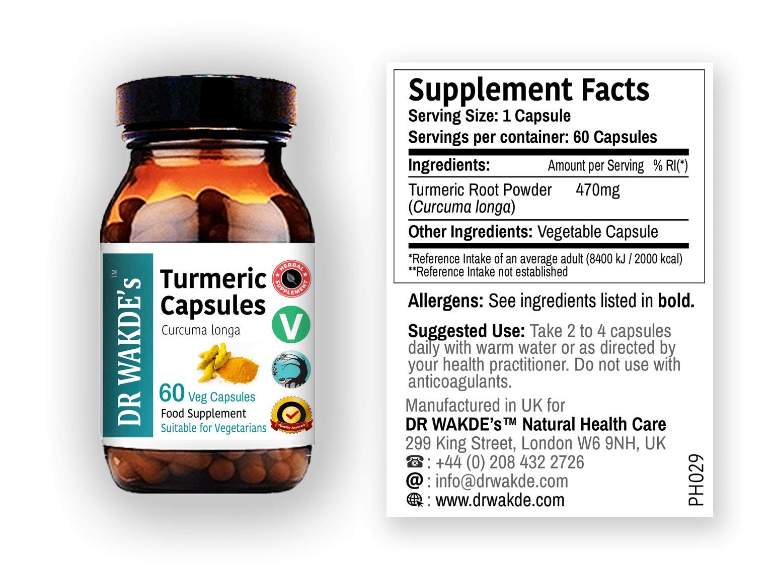 DR WAKDE'S Turmeric Capsules (Curcuma Longa, 60 Veg Caps, Plant-Based Supplement, Ayurvedic Herb, All Natural, Vegan)