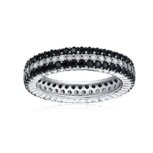 pave cubic zirconia two tone 3 row stripe aaa cz statement black & white wedding eternity band ring for women .925 sterling silver