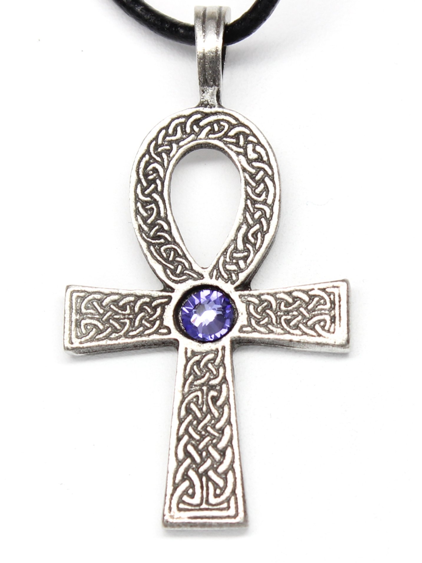 Trilogy Jewelry Pewter Ankh Pendant on Leather w/Swarovski Crystal Lavender June Birthday