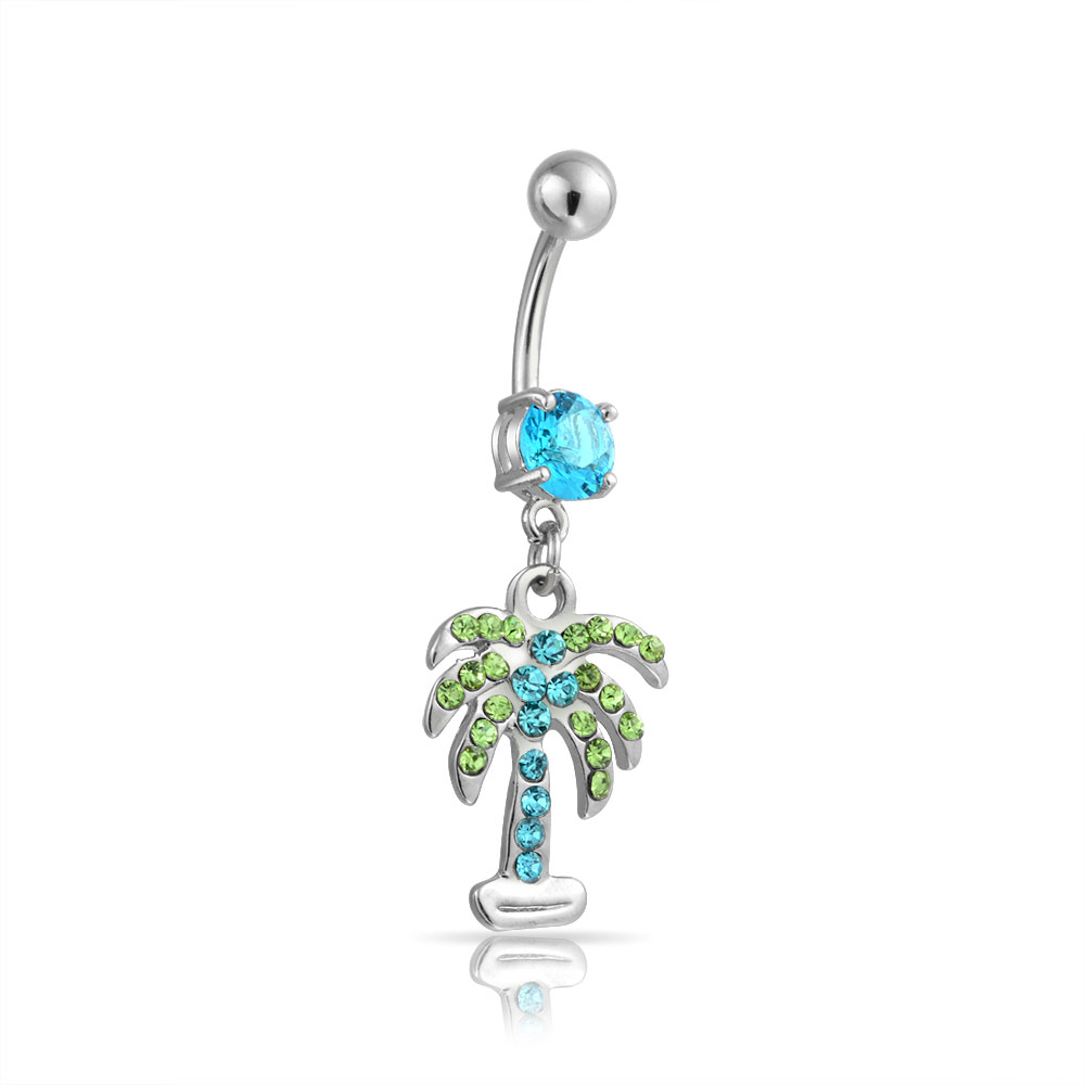 Nautical Tropical Beach Dangle Green Blue Crystal Palm Tree Bar Navel Belly Ring For Women 316L Stainless Steel 14 Gauge