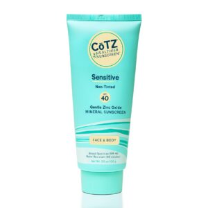 cotz sensitive non-tinted zinc oxide mineral sunscreen for body and face; broad spectrum spf 40; 3.5 oz / 100 g