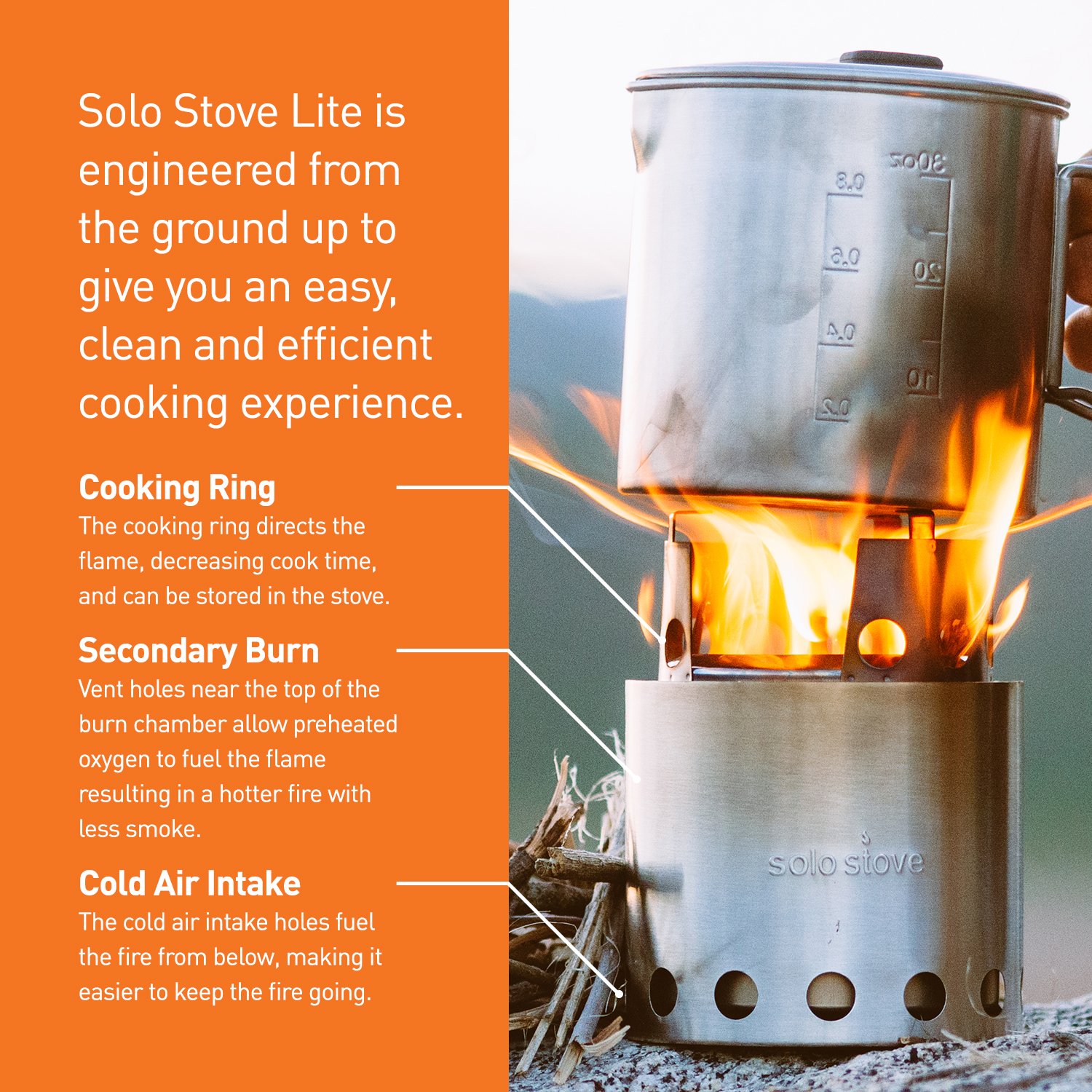 Solo Stove Lite & Pot 900 Set: Portable, Wood Burning Campstove + 900 ml Pot | Incl. Nylon Sack, For 1-2 People, 304 Stainless Steel, Compact (packed): 11,9 x 11,5 cm