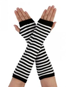 allegra k women's fingerless gloves printed elbow length knitted arm warmers one size black-white