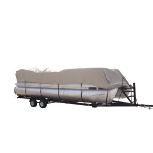 vortex direct beige/tan 22' ultra pontoon boat cover, has elastic and straps, fits 20'1" to 21' to 22' long deck area, up to 102" beam