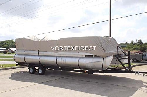 Vortex Direct Beige/Tan 22' Ultra Pontoon Boat Cover, Has Elastic and Straps, Fits 20'1" to 21' to 22' Long Deck Area, Up to 102" Beam