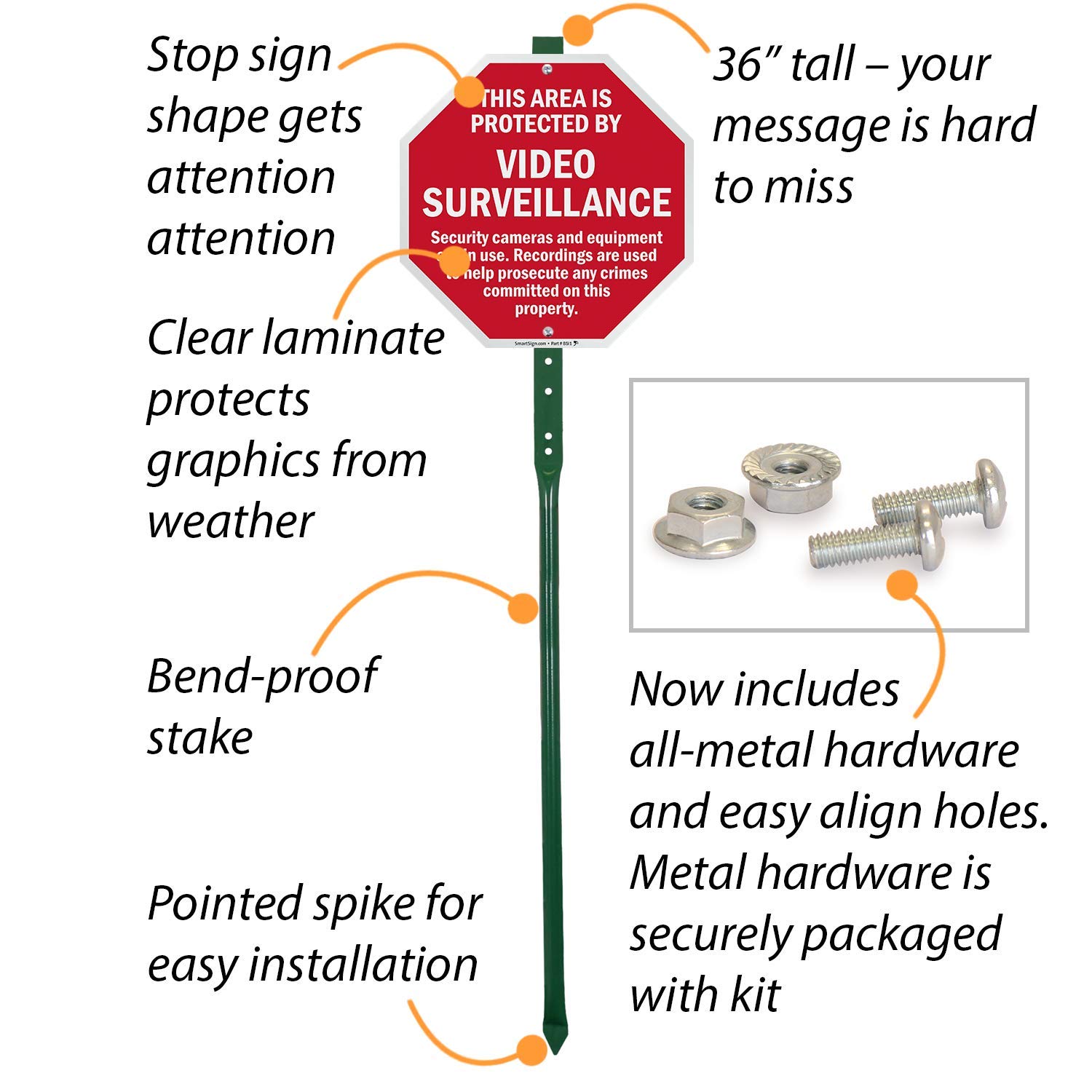 SmartSign "This Area Is Protected By Video Surveillance" LawnBoss® Sign | 10" x 10" Aluminum Sign With 3' Stake