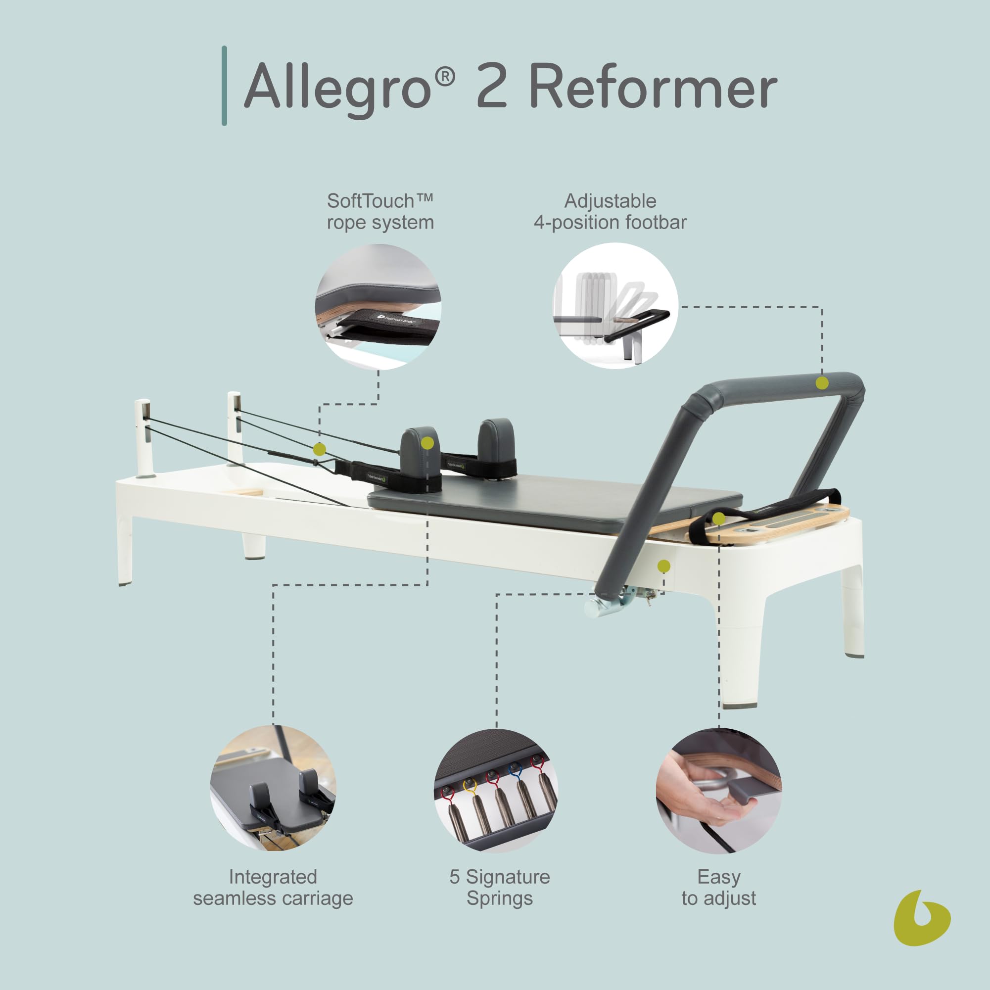 Balanced Body Allegro 2 Pilates Reformer with 14-Inch Leg Kit, Pilates Machine and Exercise Equipment, Workout Equipment for Home Gym or Studio Use, Flexibility and Strength-Training Equipment