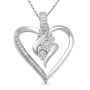 amazon essentials womens sterling silver diamond 3 stone heart pendant necklace (1/4 cttw), 18" (previously amazon collection)