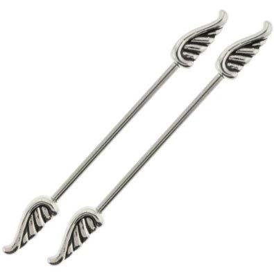 Stainless Steel Industrial Barbell with Angel Angle Wings Fly Away Piercing bar Body Jewelry 14g Gauge - Sold as a Pair