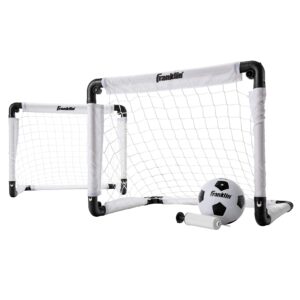 franklin sports kids mini soccer goal set - backyard/indoor mini net and ball with pump - 22" x 17" goal size, white/black