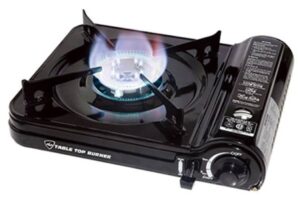 max burton 8253 table top gas burner, black, 7650 btu, piezoelectric ignition, heavy gauge metal body and porcelain enamel coated steel drip pan, includes a hard-sided plastic carrying case