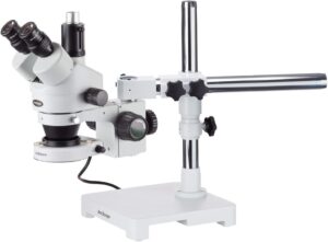 amscope sm-3tz-80s professional trinocular stereo zoom microscope, wh10x eyepieces, 3.5x-90x magnification, 0.7x-4.5x zoom objective, 80-bulb led ring light, single-arm boom stand, 90v-265v, includes 0.5x and 2.0x barlow lenses