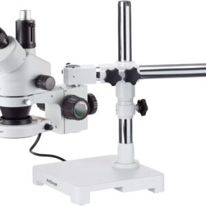 AmScope SM-3TZ-80S Professional Trinocular Stereo Zoom Microscope, WH10x Eyepieces, 3.5X-90X Magnification, 0.7X-4.5X Zoom Objective, 80-Bulb LED Ring Light, Single-Arm Boom Stand, 90V-265V, Includes 0.5X and 2.0X Barlow Lenses