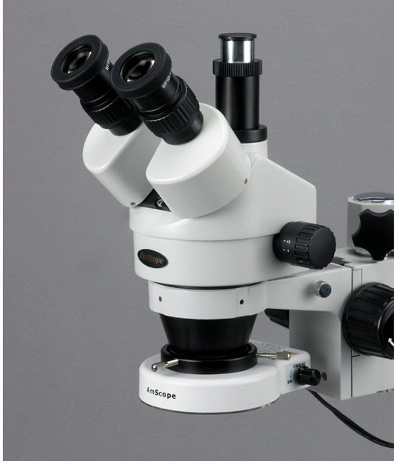 AmScope SM-3TZ-80S Professional Trinocular Stereo Zoom Microscope, WH10x Eyepieces, 3.5X-90X Magnification, 0.7X-4.5X Zoom Objective, 80-Bulb LED Ring Light, Single-Arm Boom Stand, 90V-265V, Includes 0.5X and 2.0X Barlow Lenses