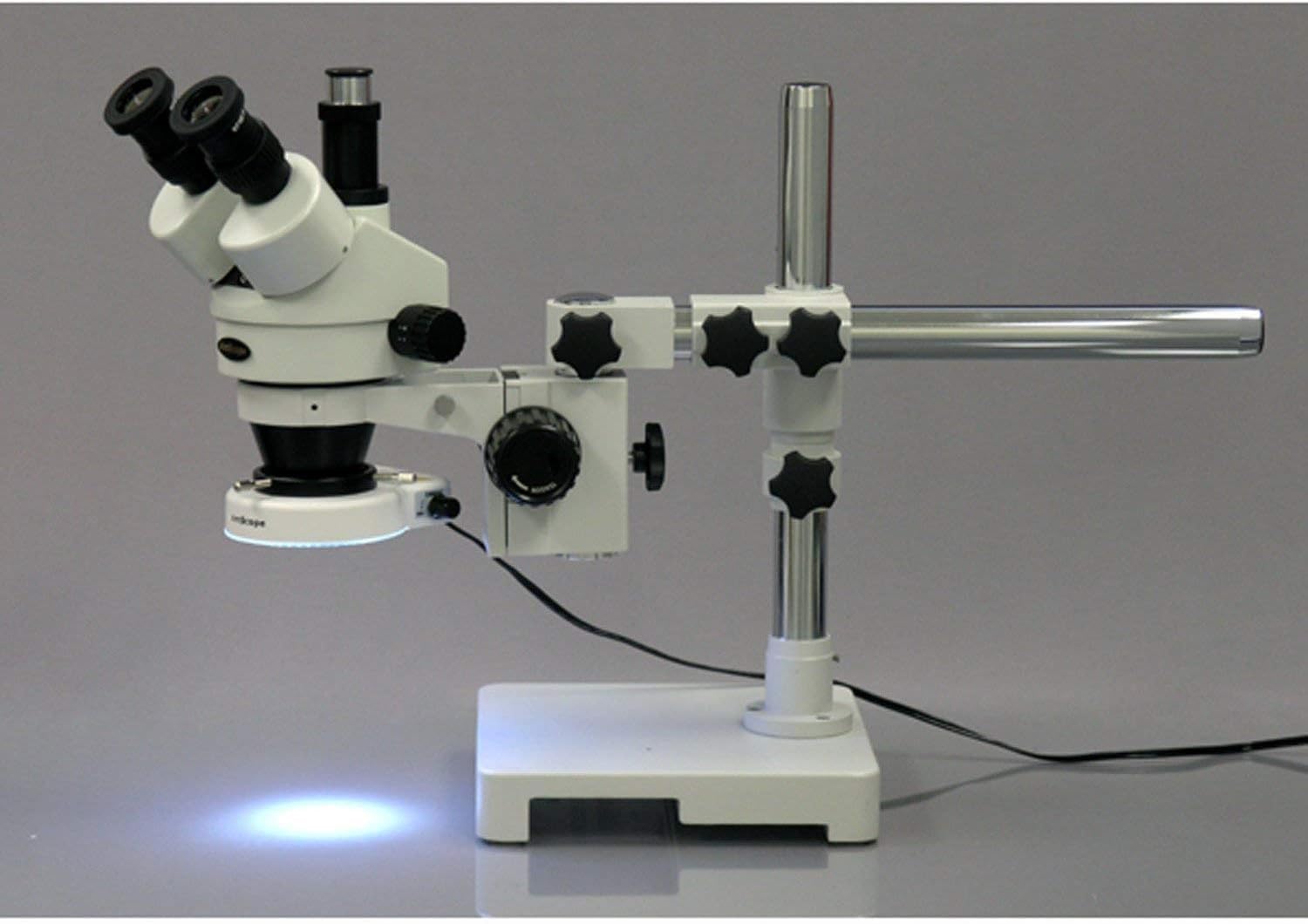 AmScope SM-3TZ-80S Professional Trinocular Stereo Zoom Microscope, WH10x Eyepieces, 3.5X-90X Magnification, 0.7X-4.5X Zoom Objective, 80-Bulb LED Ring Light, Single-Arm Boom Stand, 90V-265V, Includes 0.5X and 2.0X Barlow Lenses