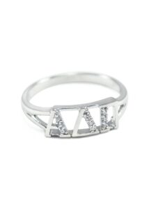 the collegiate standard alpha delta pi sorority sterling silver ring with czs