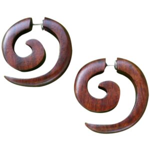 tribal organic wooden earrings fake gauge earrings hippie natural black brown wood earrings faux plugs tapers emo goth punk earrings spiral gothic earrings 316l surgical steel hypoallergenic earring