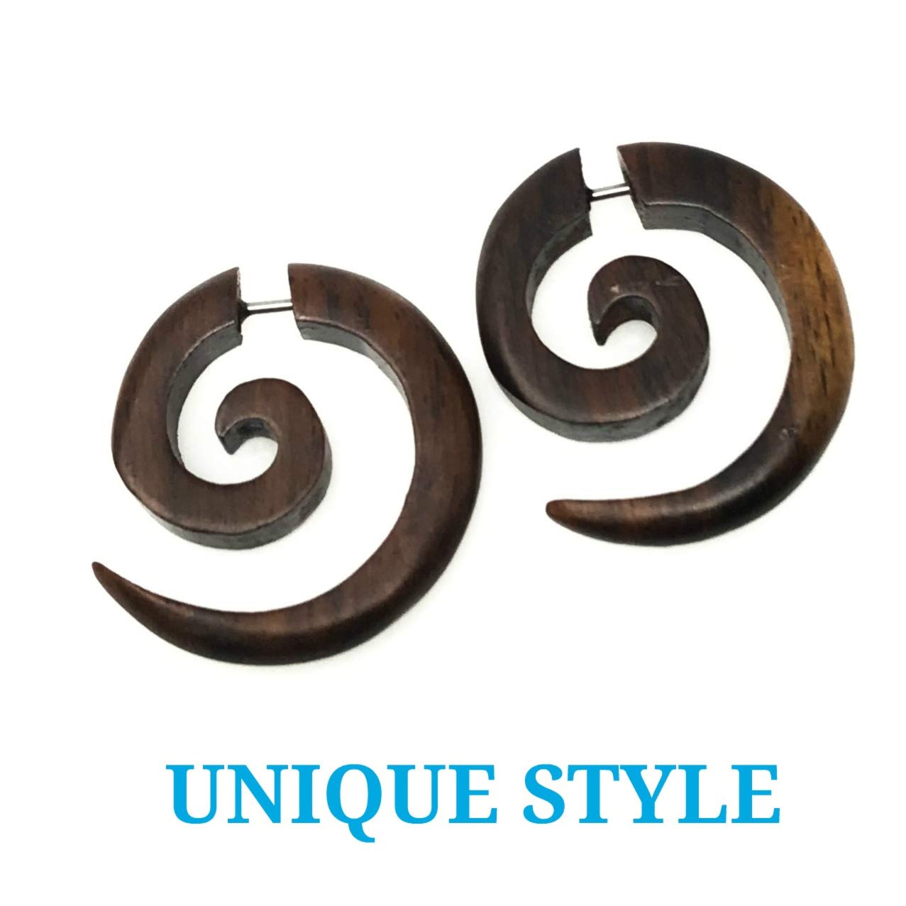 Tribal Organic Wooden Earrings Fake Gauge earrings hippie natural black brown wood earrings faux plugs tapers emo goth punk earrings spiral gothic earrings 316L surgical steel hypoallergenic earring