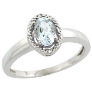 sterling silver diamond halo natural aquamarine ring oval 6x4 mm, 3/8 inch wide, size 9