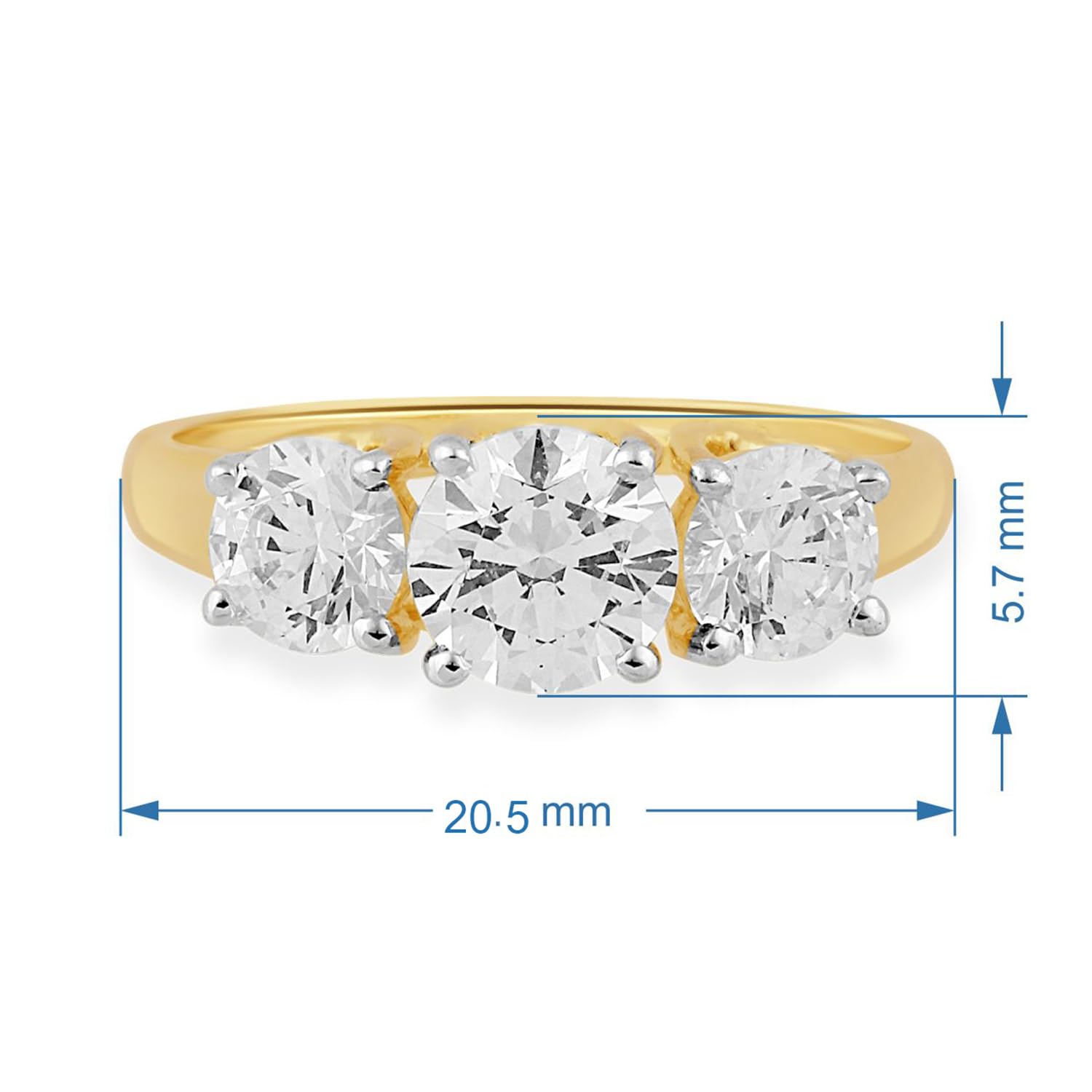 Jewelili 10K Yellow Gold 6.25 MM and 5 MM Round Cubic Zirconia 3 Stone Anniversary Ring, Size 6