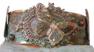 elaine coyne collectible artwear verdigris patina victorian butterfly motif cuff bracelet - amethyst, carnelian - usa made