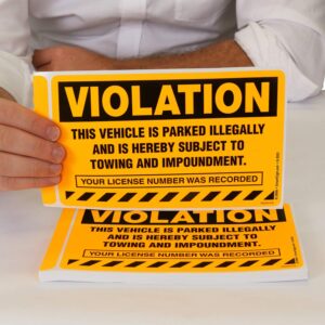 SmartSign (Pack of 50) 5 x 8 inch “Violation - Vehicle Illegally Parked, Subject to Towing/Impoundment” Parking Violation Stickers with Permanent Adhesive, 4.5 mil Paper, Fluorescent Orange and Black