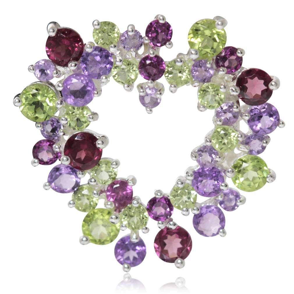 Silvershake Natural Peridot Amethyst and Rhodolite Garnet White Gold Plated 925 Sterling Silver Heart Pendant