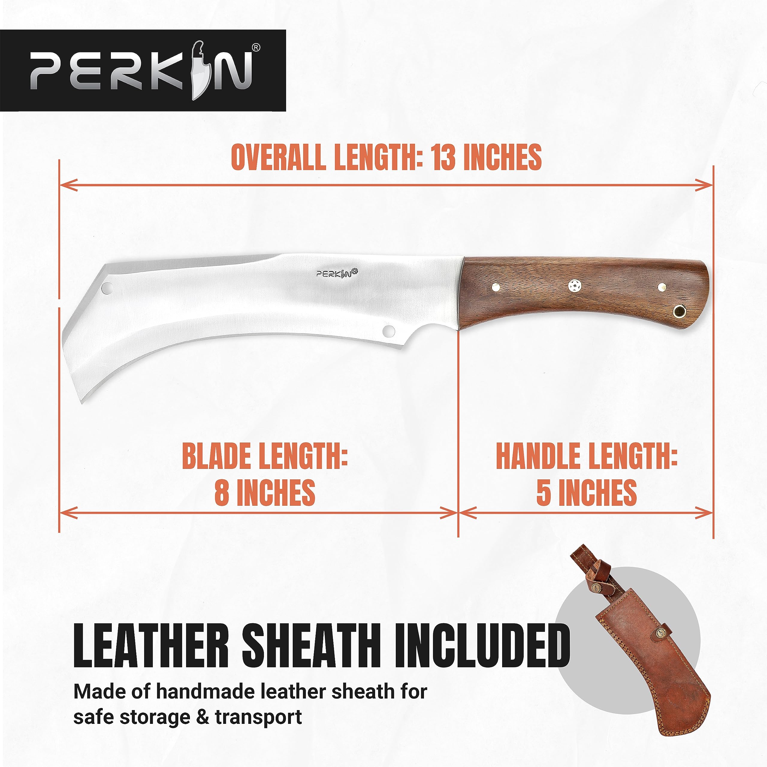 Perkin Hunting Knife - 8” Survival Knife Crafted from Razor Sharp Stainless Carbon Steel Full Tang with Walnut Wood Handle - Men's Versatile Full Tang Knife with Sheath for Survival and Camping