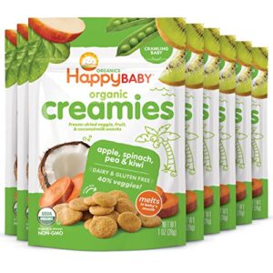 happy baby organics creamies freeze-dried veggie & fruit snacks with coconut milk, apple spinach pea & kiwi, 1 ounce (pack of 8)