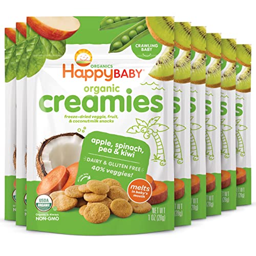 Happy Baby Organics Creamies Freeze-Dried Veggie & Fruit Snacks with Coconut Milk, Apple Spinach Pea & Kiwi, 1 Ounce (Pack of 8)