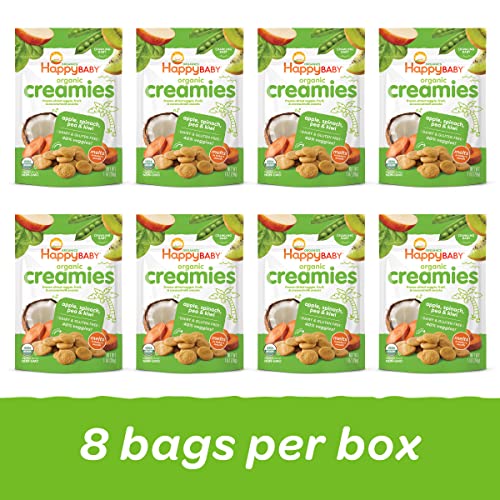 Happy Baby Organics Creamies Freeze-Dried Veggie & Fruit Snacks with Coconut Milk, Apple Spinach Pea & Kiwi, 1 Ounce (Pack of 8)