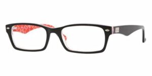 ray-ban rx5206 rectangular prescription eyeglass frames, black on texture red/demo lens, 52 mm