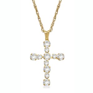 jewelili 10k yellow gold cross pendant necklace with 2mm and 3mm white round cubic zirconia, 18" gold filled rope chain