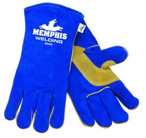 mcr safety 4500xxl 13-inch memphis split cow leather welder men's gloves with self hemmed cuff, blue, 2x-large, 1-pair