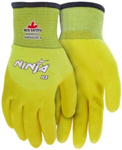 mcr safety ninja® ice hi-visibility 15 gauge nylon insulated cold weather gloves, acrylic terry inner, 3/4 hpt coating, yellow, medium ,1-pair