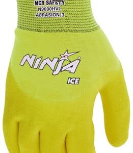 MCR Safety Ninja Ice N9690HVXL Hi-Visibility 15 Gauge Nylon Insulated Cold Weather Gloves, Acrylic Terry Inner, 3/4 HPT Coating, Yellow, X - Large, 1-Pair