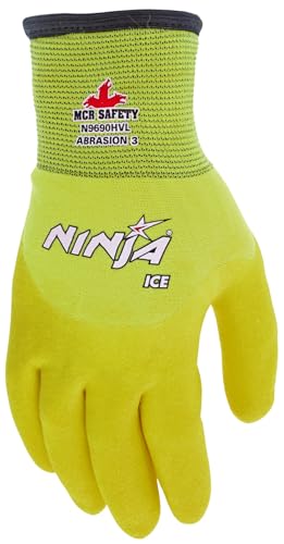 MCR Safety Ninja Ice N9690HVXL Hi-Visibility 15 Gauge Nylon Insulated Cold Weather Gloves, Acrylic Terry Inner, 3/4 HPT Coating, Yellow, X - Large, 1-Pair