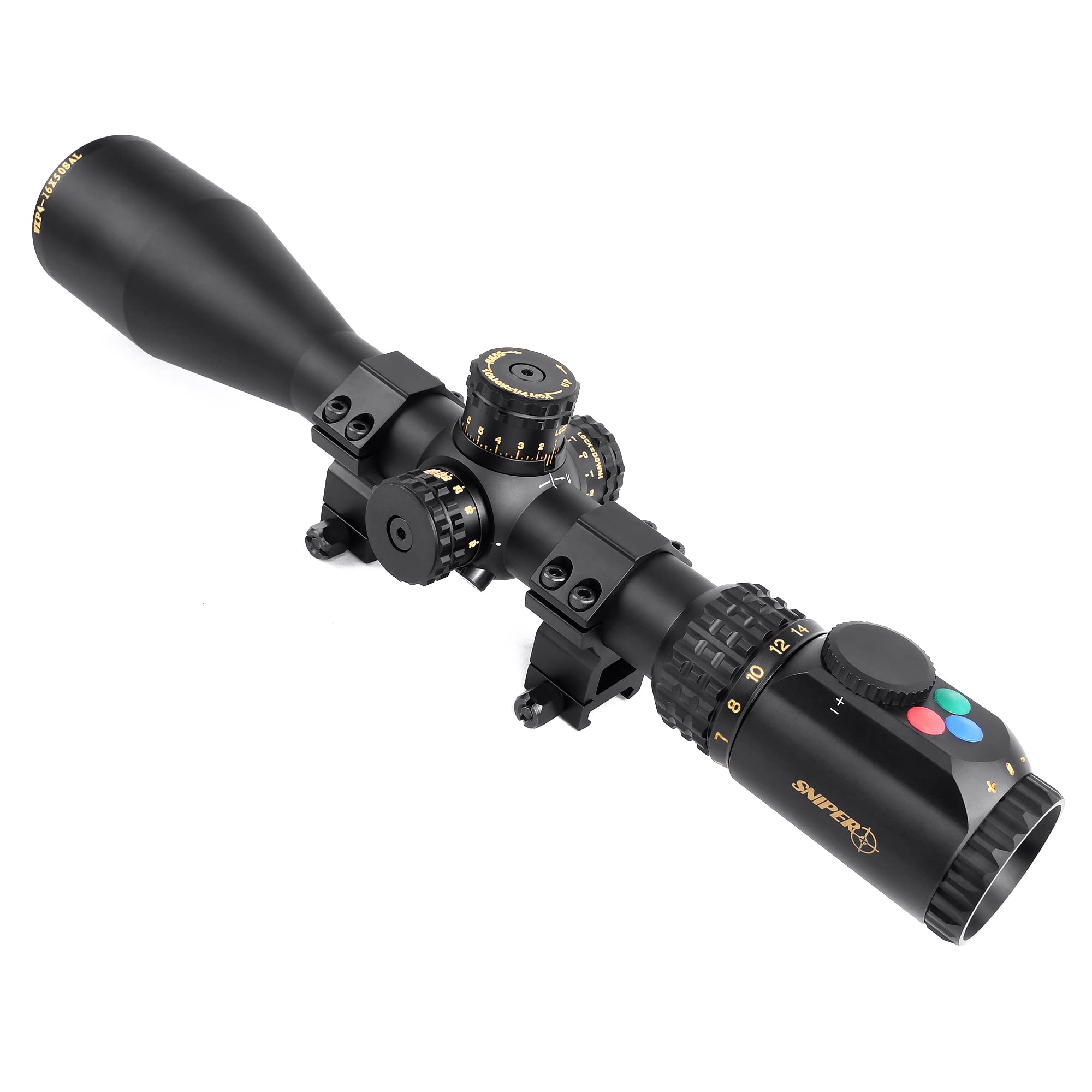 SNIPER Scope WKP 4-16x50 W Side adjustment. Red/Green Illumination reticle. Comes with extended sunshade and Heavy Duty Ring Mount and lens cover