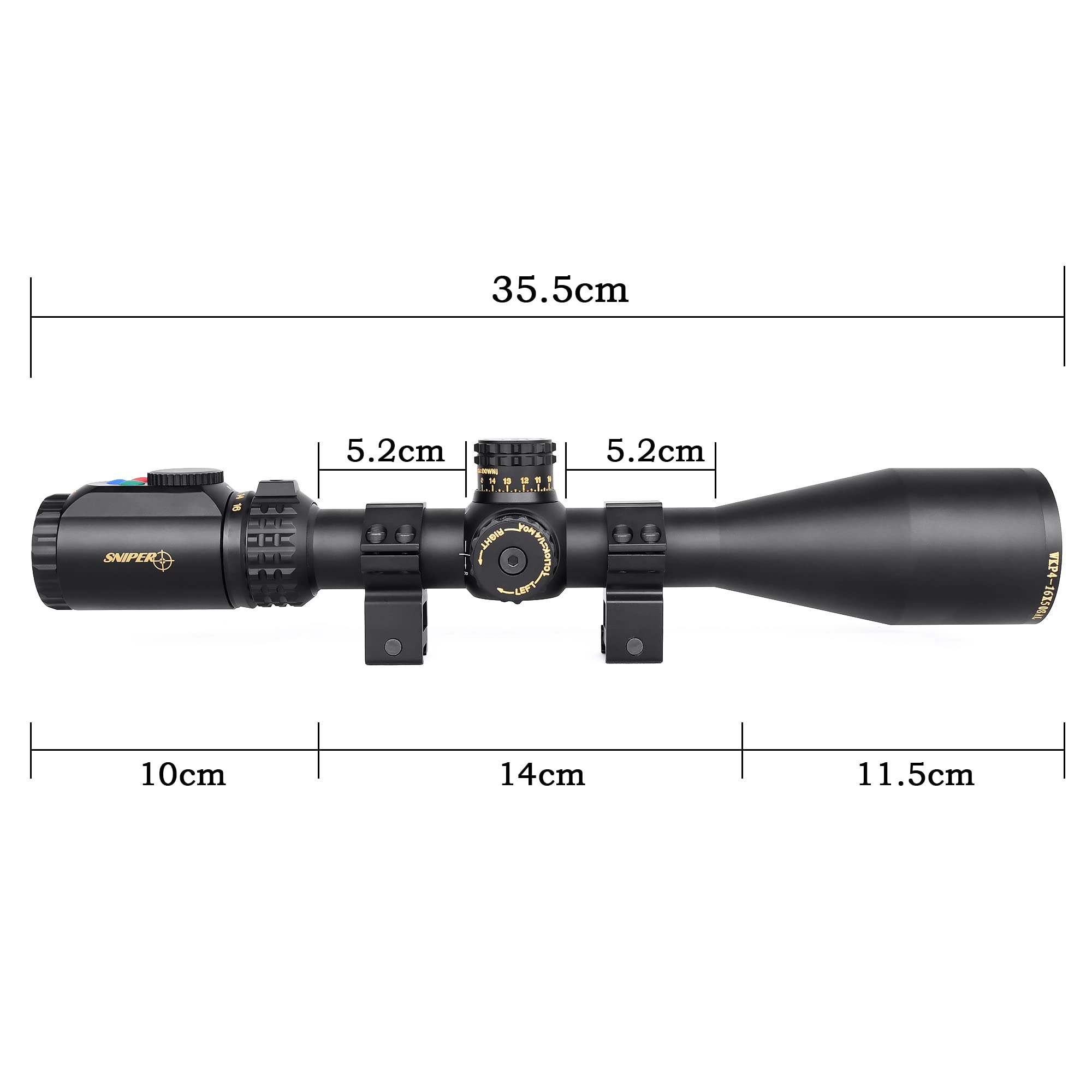 SNIPER Scope WKP 4-16x50 W Side adjustment. Red/Green Illumination reticle. Comes with extended sunshade and Heavy Duty Ring Mount and lens cover