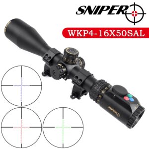 SNIPER Scope WKP 4-16x50 W Side adjustment. Red/Green Illumination reticle. Comes with extended sunshade and Heavy Duty Ring Mount and lens cover