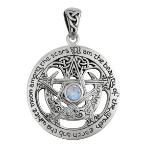 dryad design sterling silver large moon goddess wiccan pentacle pendant natural rainbow moonstone; 1.25 inch diameter