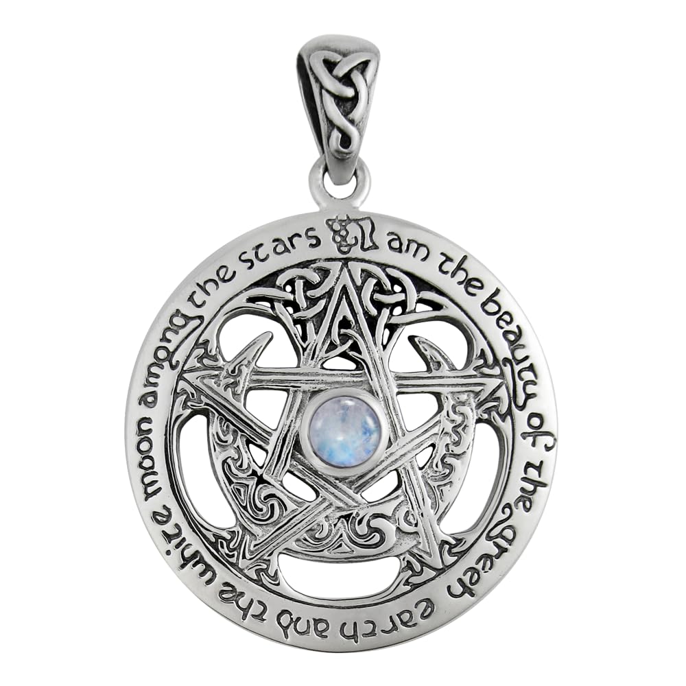 Dryad Design Sterling Silver Large Moon Goddess Wiccan Pentacle Pendant Natural Rainbow Moonstone; 1.25 Inch Diameter