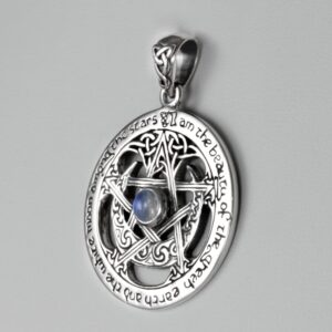 Dryad Design Sterling Silver Large Moon Goddess Wiccan Pentacle Pendant Natural Rainbow Moonstone; 1.25 Inch Diameter