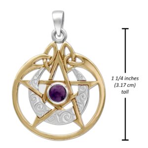 Dryad Design Sterling Silver 14k Gold Plated Crescent Moon Pendant Pentacle with Natural Amethyst